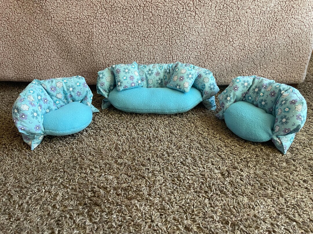 5-piece Handmade Barbie Living Room Set Couch Chairs Pillows Blue ...