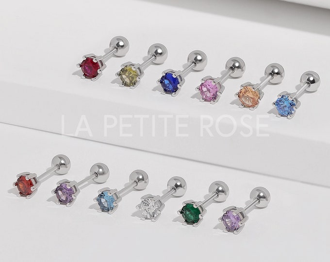 Birthstone Screw Ball Back Earrings, 3mm 4mm 5mm Dainty Flat Back Stud ...