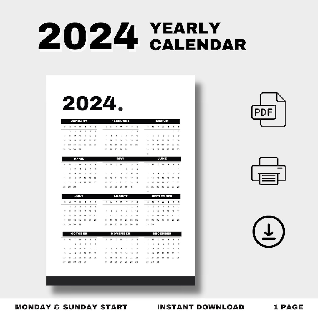 2024 Printable Calendar - Easy Print One Page Yearly Minimal Calendar ...