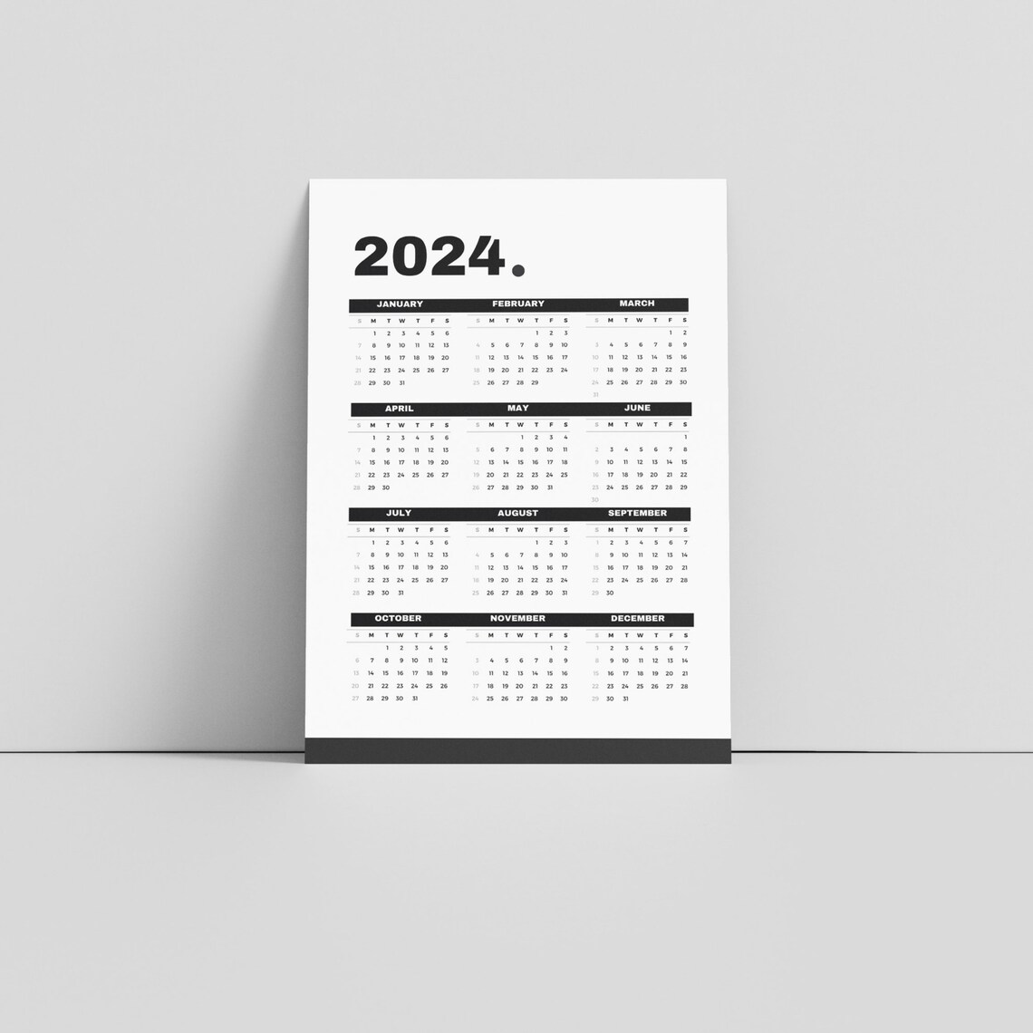 2024 Printable Calendar - Easy Print One Page Yearly Minimal Calendar ...