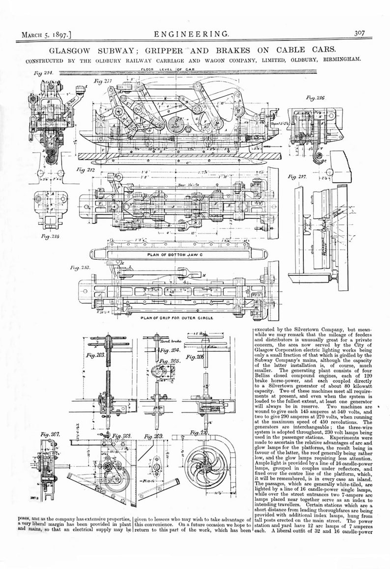 Old Engineering Prints of the Glasgow Subway; Cable Car and Brake Gear ...