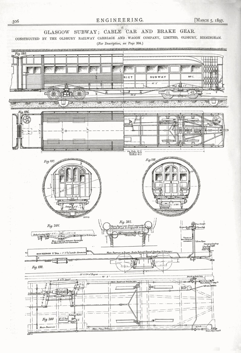 Old Engineering Prints of the Glasgow Subway; Cable Car and Brake Gear ...