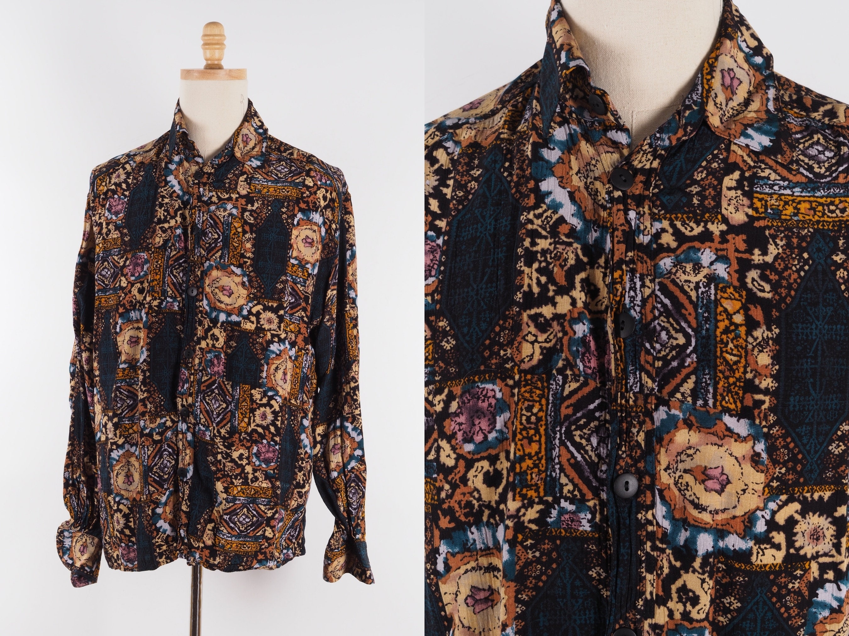 Vintage Mens Crazy Patterns Viscose Abstract Geometric Graphic Long ...