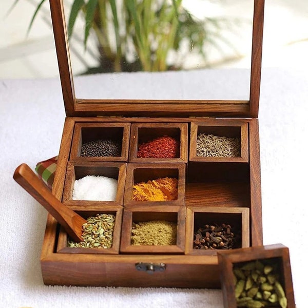 Wooden Masala Box With Spoon Round Spice Box - Etsy
