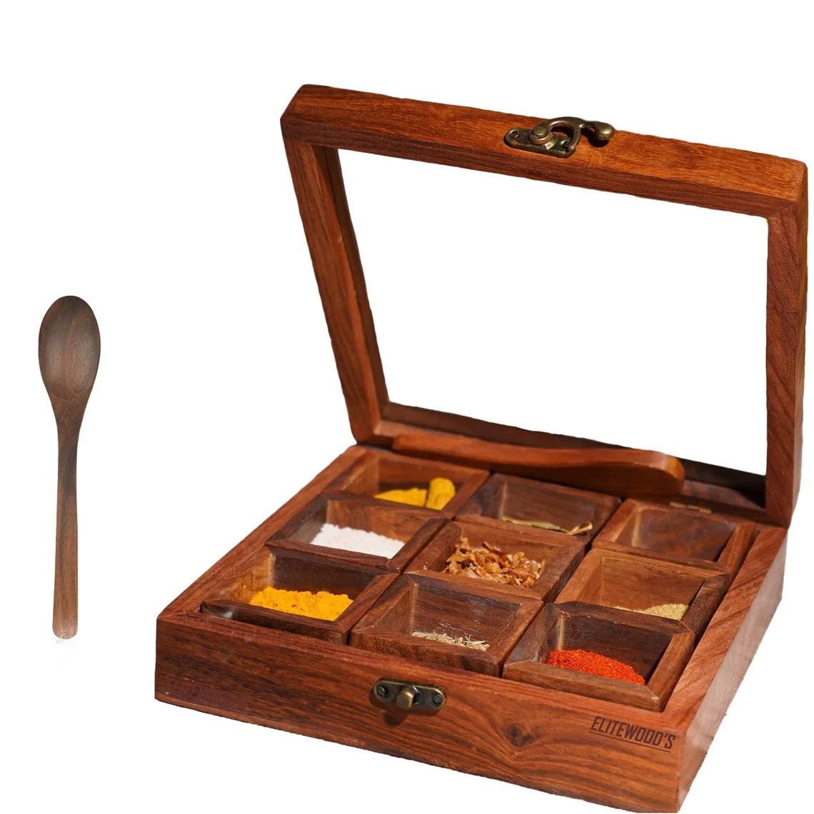 SPUARE WOODEN Spice Box Round Spice Box Round Containers Spice Box With ...
