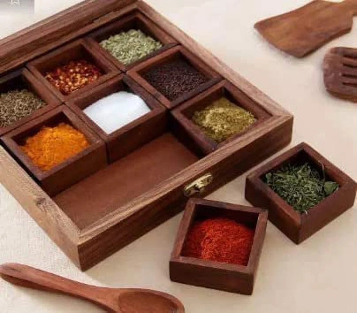 SPUARE WOODEN Spice Box Round Spice Box Round Containers Spice Box With ...