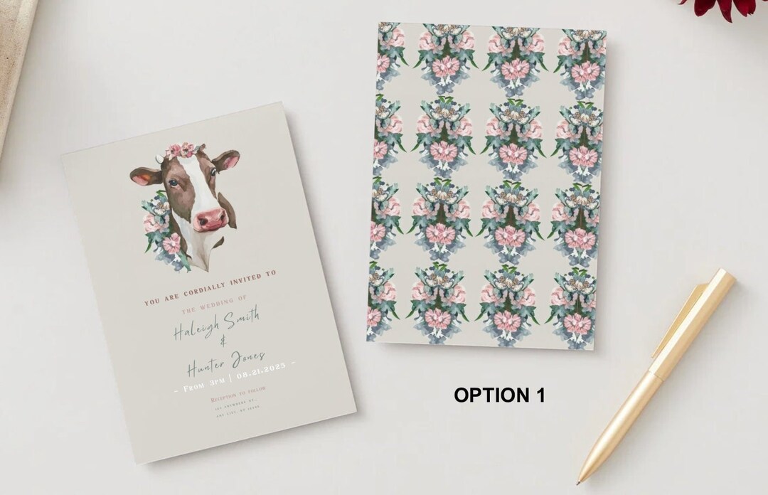 Custom Rustic Watercolor Cow Wedding Invitations - Etsy