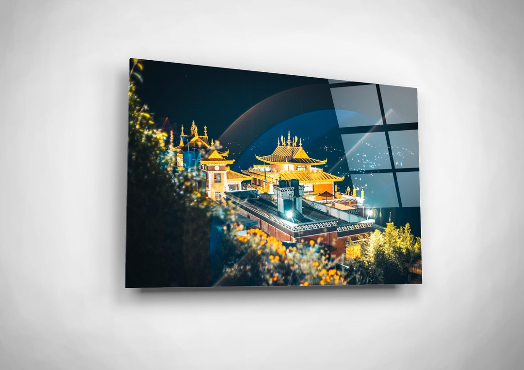 Japanese Print, Ancient Asian Temple Painting, Glass Wall Art, Unique ...