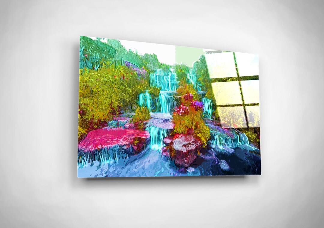 Exotic Waterfall Painting, Trippy Wall Art, Glass Beach House Decor ...