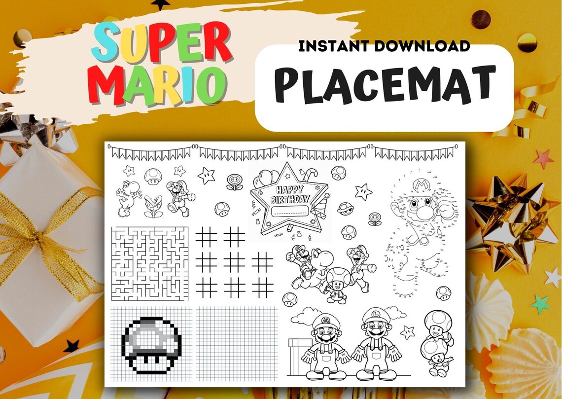 Super Mario Placemat for Coloring, Super Mario Birthday, Mario Party ...