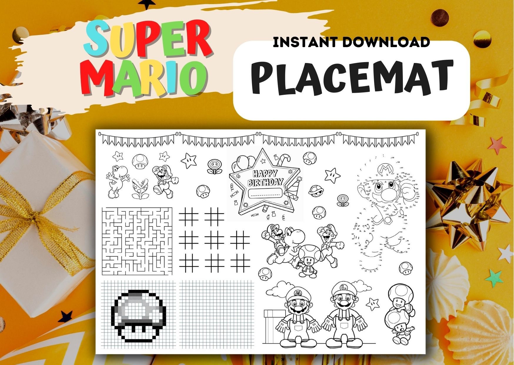 Super Mario Placemat for Coloring, Super Mario Birthday, Mario Party ...