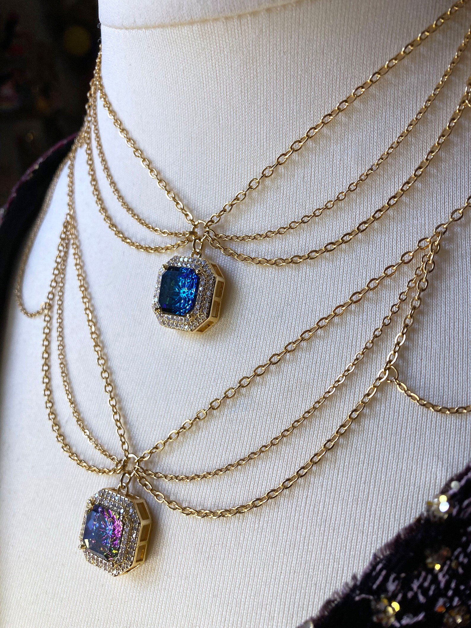 Victorian Necklace Choker. Multi-row Chains Necklace. Square Glass ...