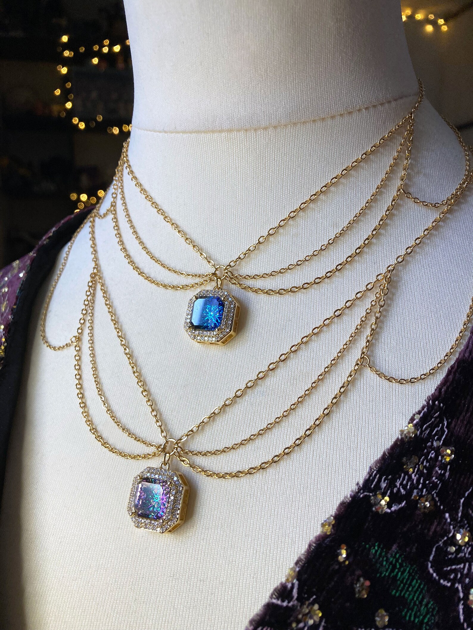 Victorian Necklace Choker. Multi-row Chains Necklace. Square Glass ...