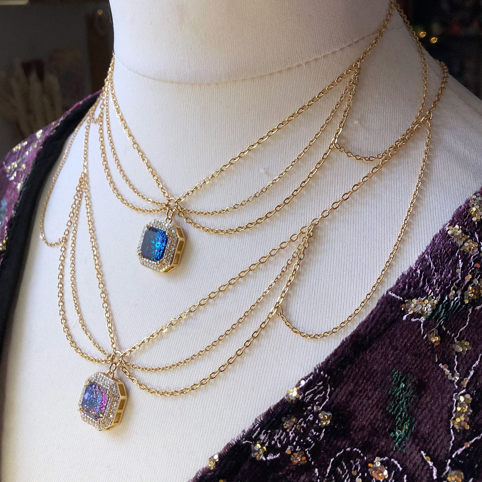 Victorian Necklace Choker. Multi-row Chains Necklace. Square Glass ...