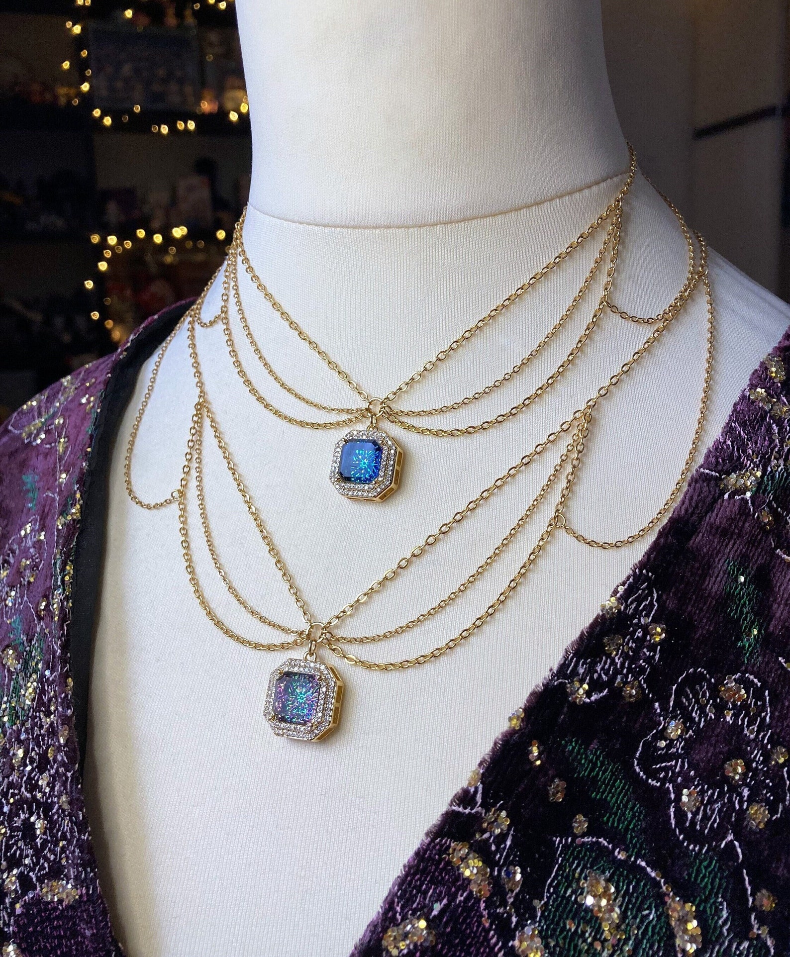 Victorian Necklace Choker. Multi-row Chains Necklace. Square Glass ...