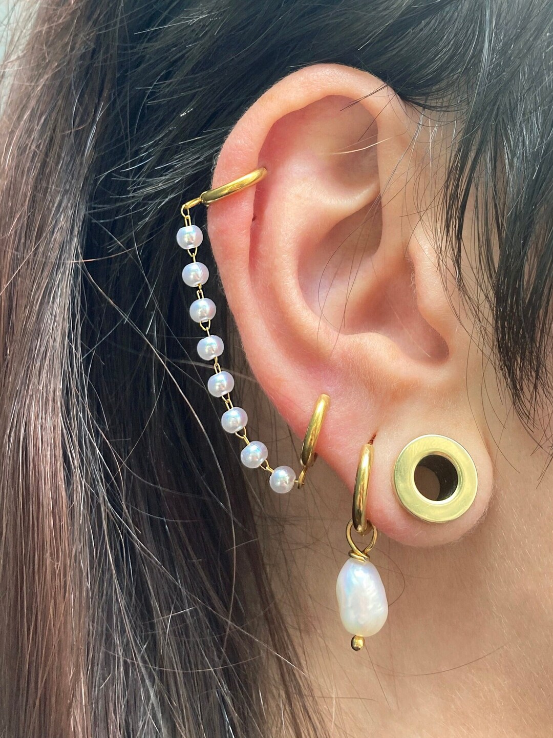 2-hole Earrings. Pearl Huggies. Double Earring Chain. Pearls Chain ...
