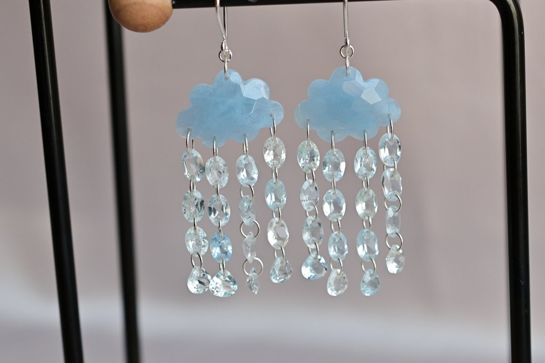 Aquamarine Cloud Rain Drop Earrings • Pure Sterling Silver 925 ...