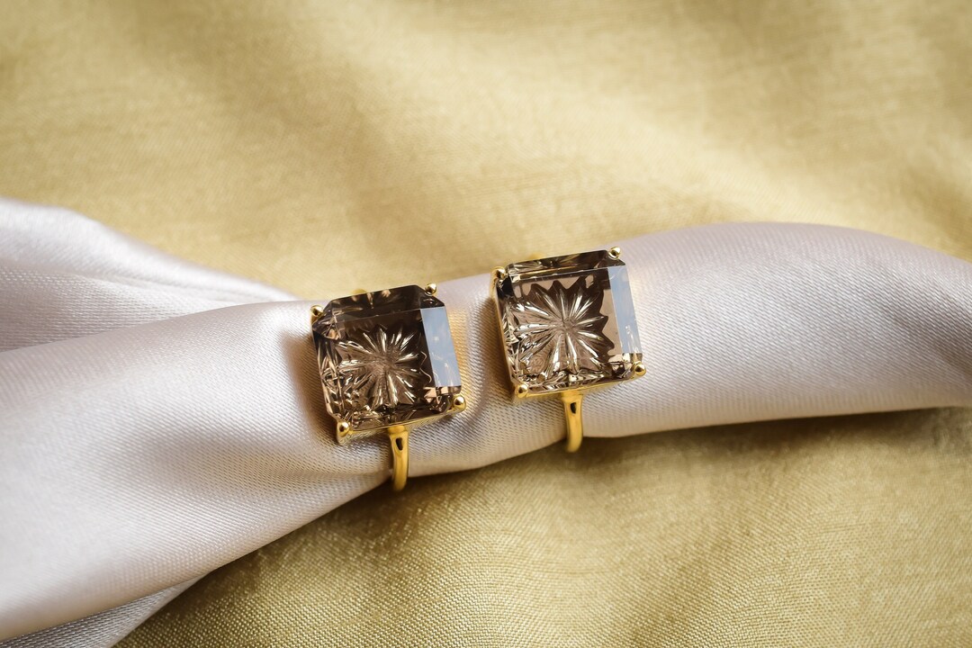 Smoky Quartz Sunbeam Radiant Carving Ring in Pure 18k Gold Vermeil for ...