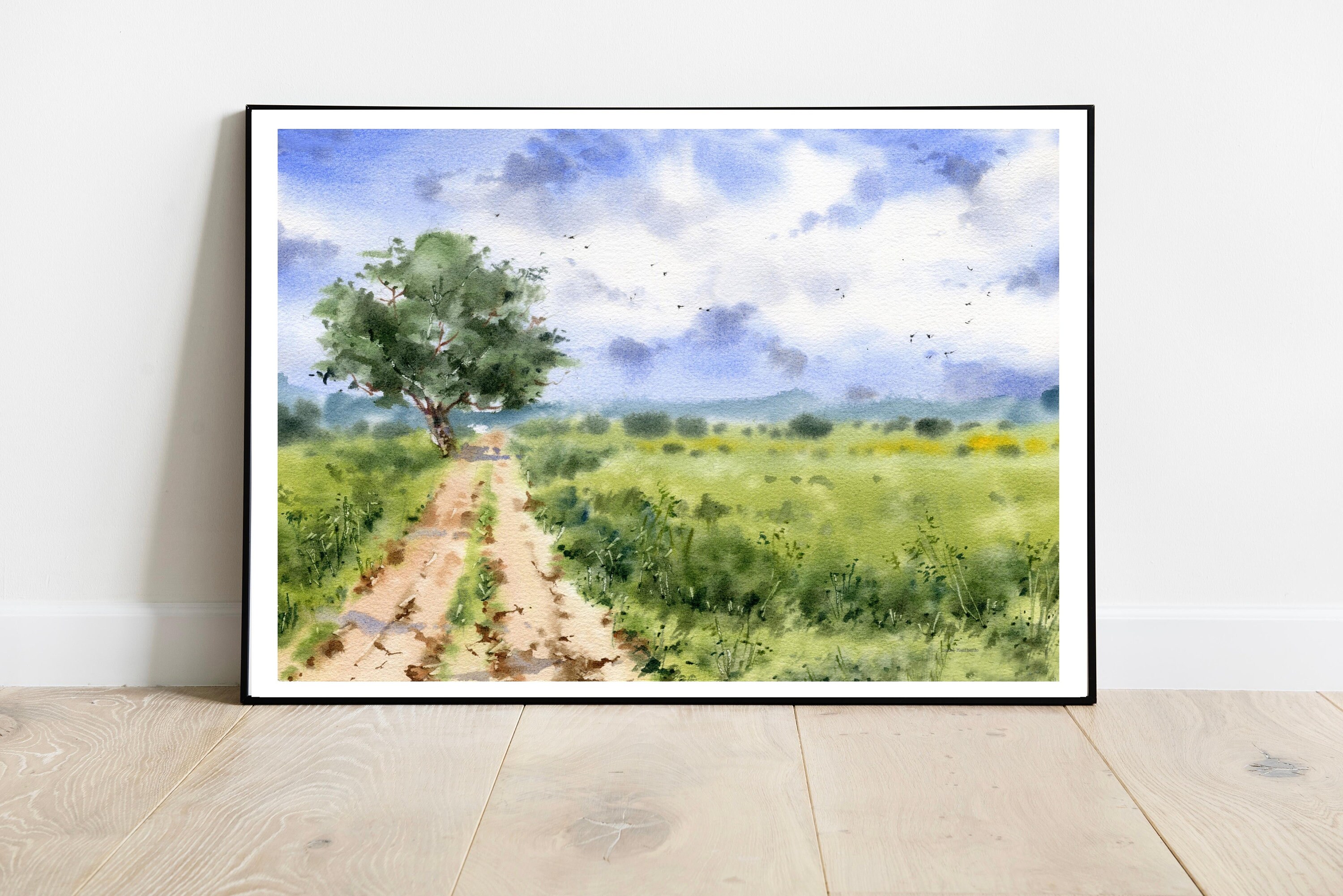 Spring Country Wall Art, Watercolor Landscape, Spring Print, Spring ...
