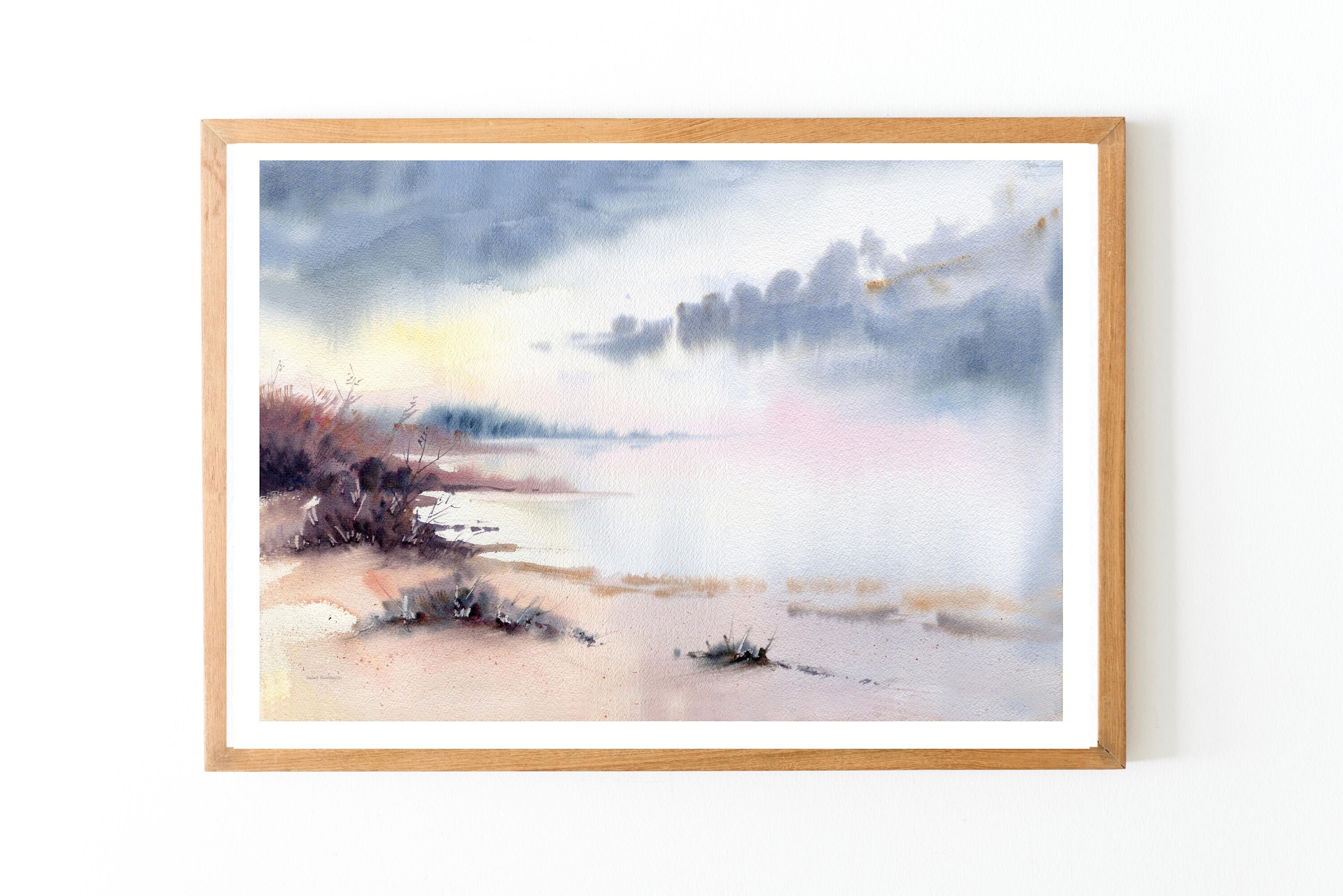 Pink Beach Watercolor Landscape Print, Abstract Seascape, Coastal Sea ...