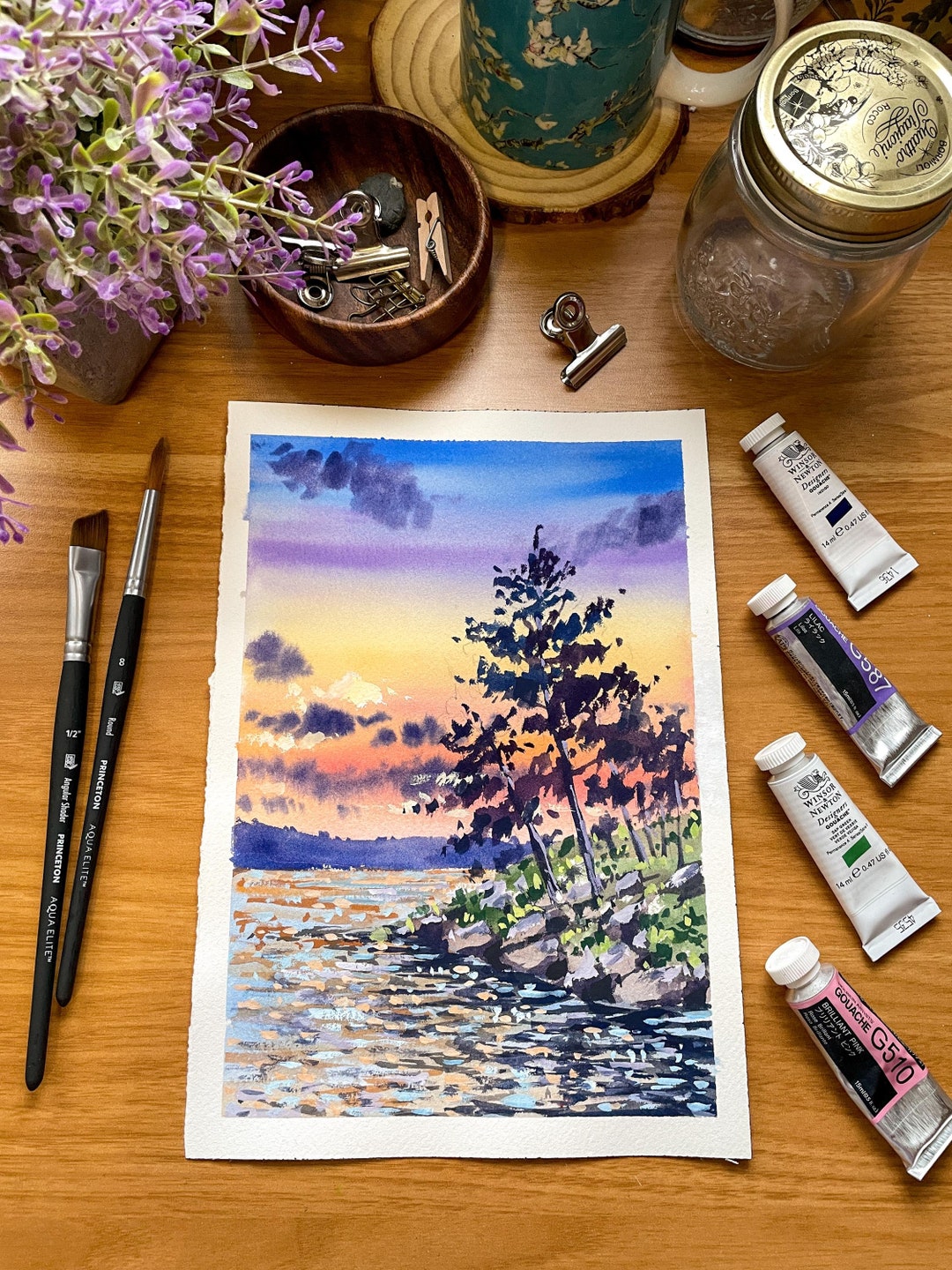 Pintura original de Gouache Sunset Sparkles en el lago, arte de Gouache ...
