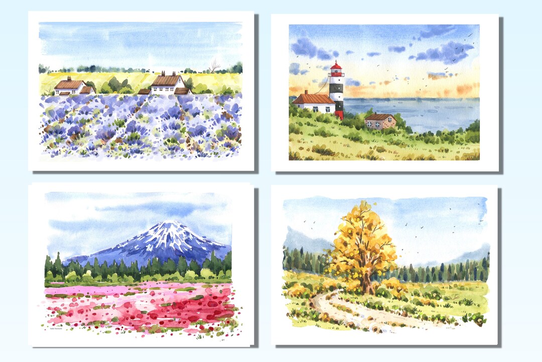 Set of 4 Watercolor Landscape Postcards Watercolor Landscape - Etsy