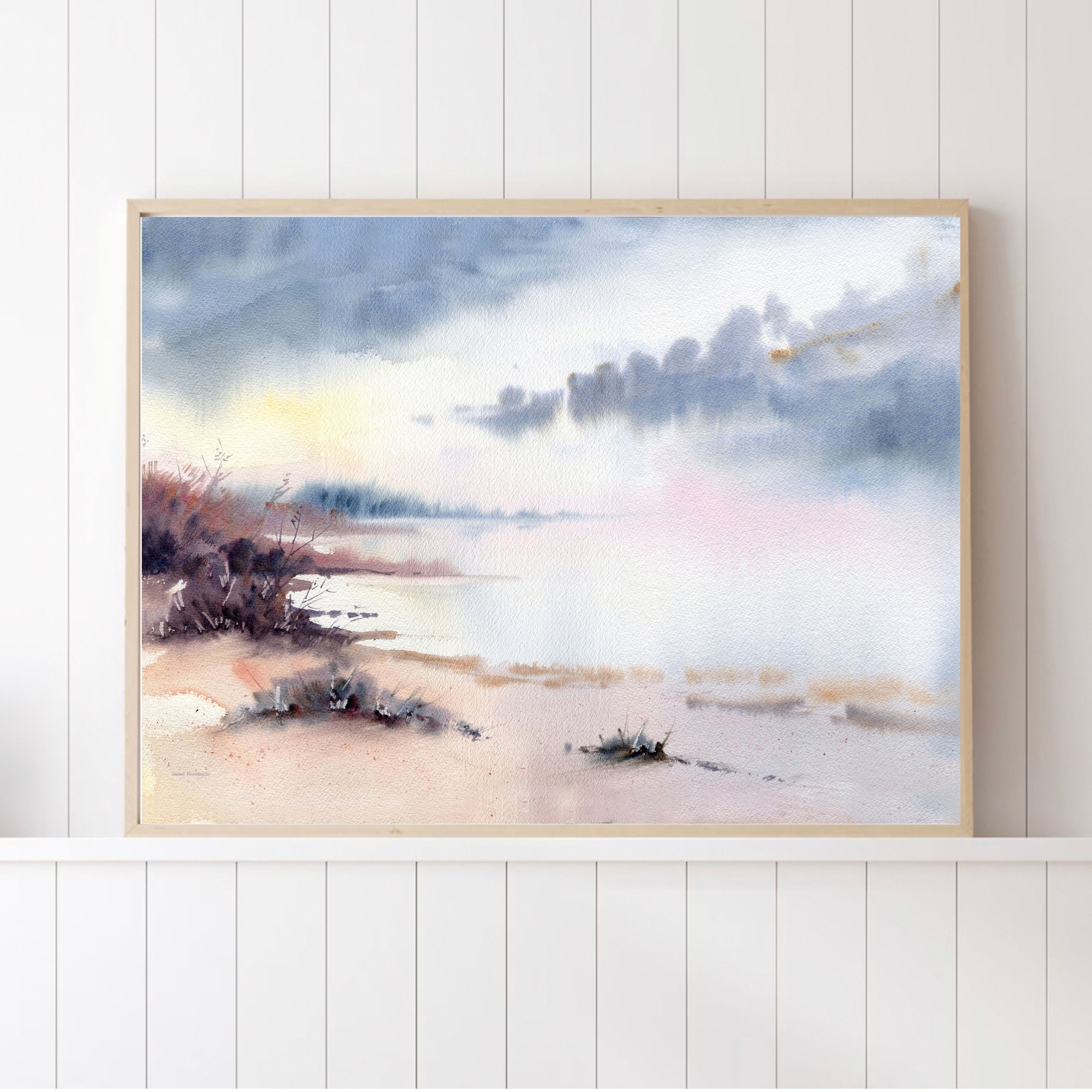 Pink Beach Watercolor Landscape Print, Abstract Seascape, Coastal Sea ...