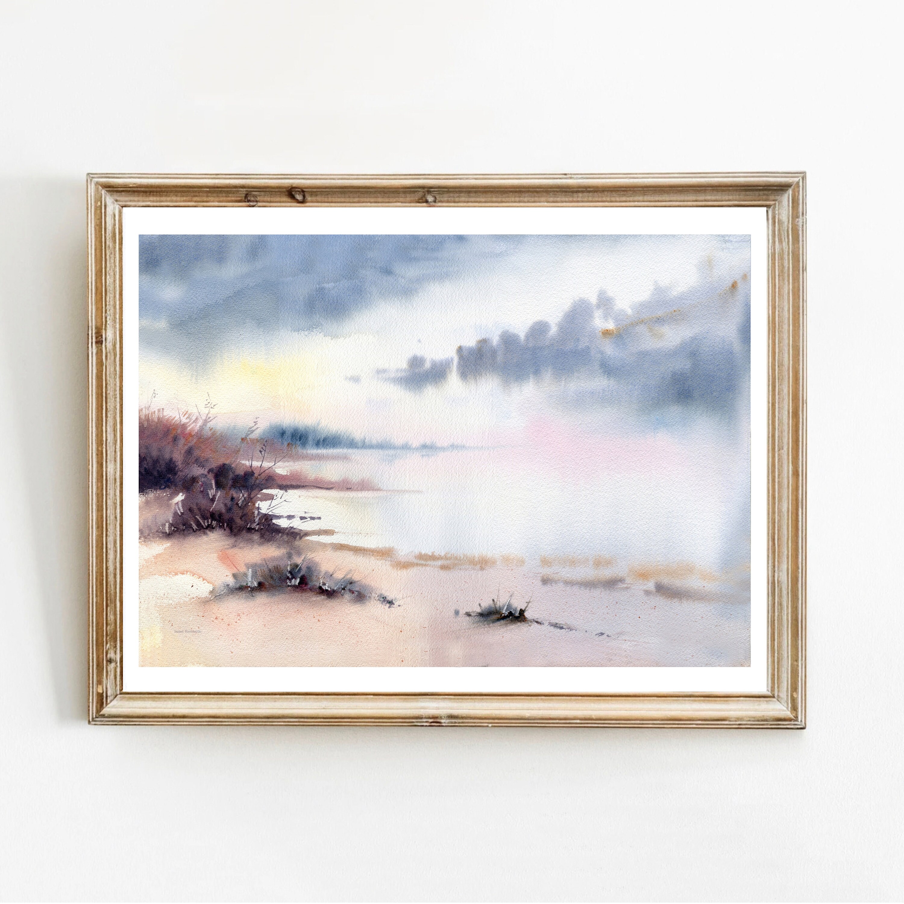 Pink Beach Watercolor Landscape Print, Abstract Seascape, Coastal Sea ...