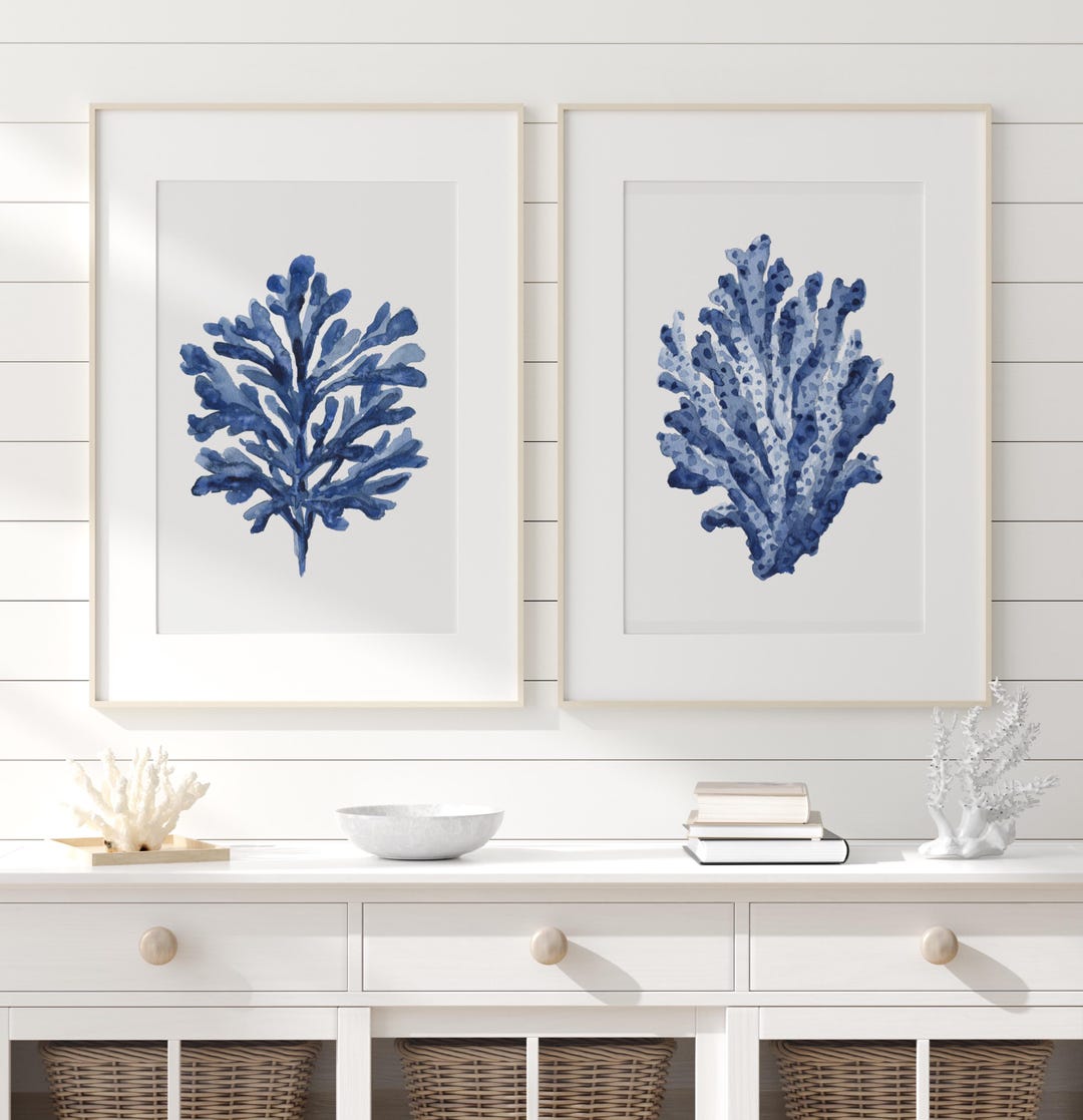 Blue Coral Seaweed Wall Art Prints Minimalist Wall Decor Coastal ...