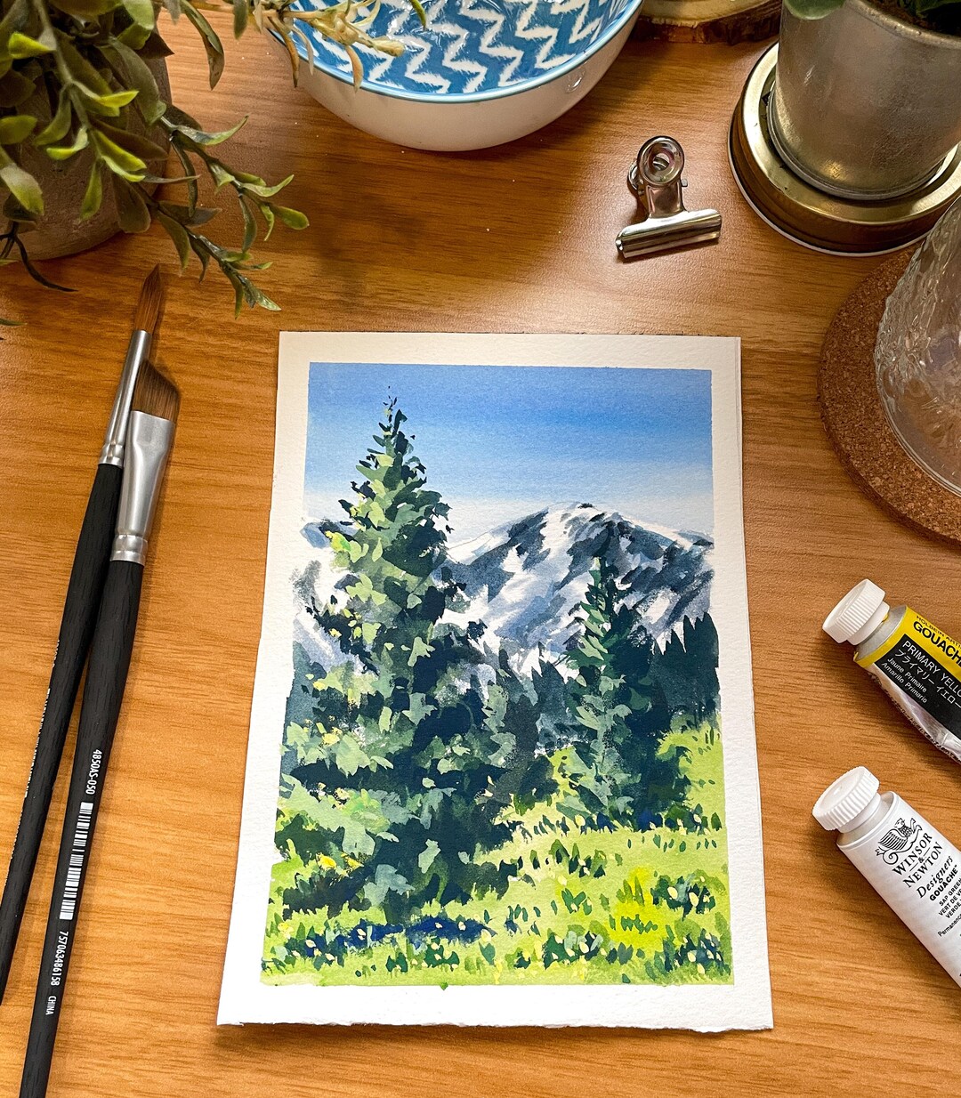 Original Gouache Painting Trees on the Mountain, Gouache Art, Gouache ...