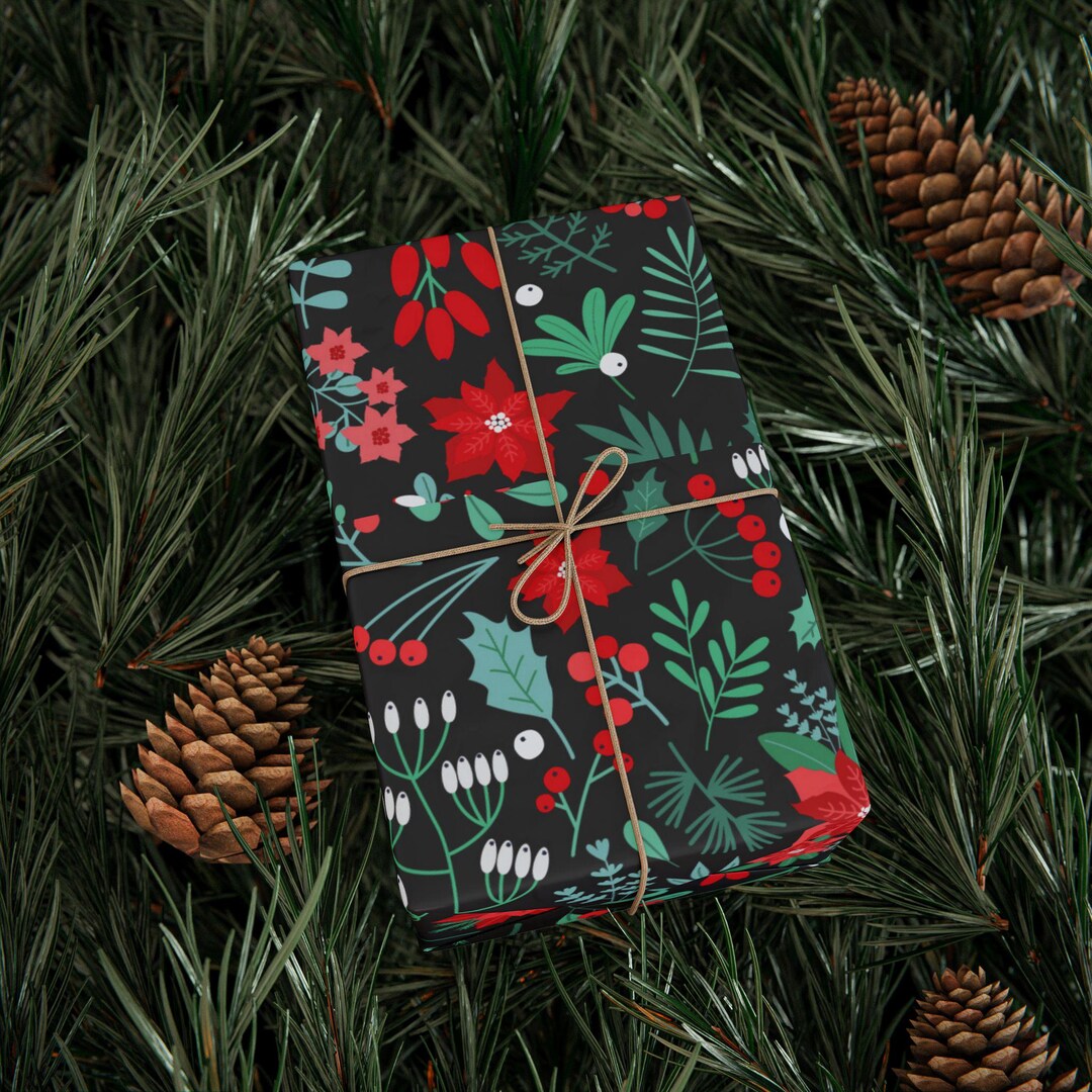 Festive Gift Wrapping Paper With Floral Design | Holiday Wrapping Paper ...