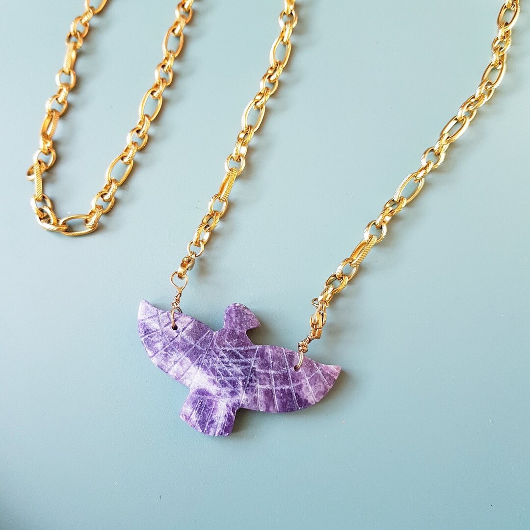 Phoenix Necklace in Natural Stone Sculpted in Lepidolite, Gold ...