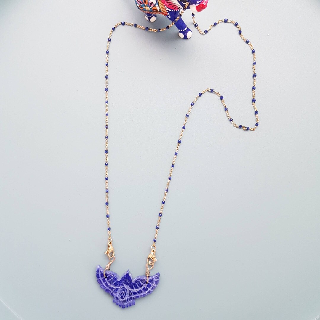Natural Stone Eagle Necklace, Gold and Blue Steel Chain, Boho Sautoir ...