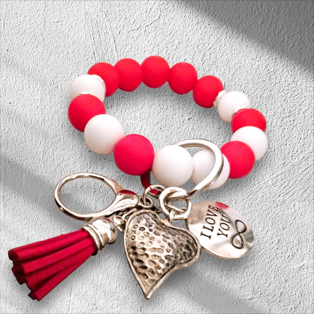 Sweetheart Wristlet Keychain: Red and White Silicone Bead Wristlet With ...