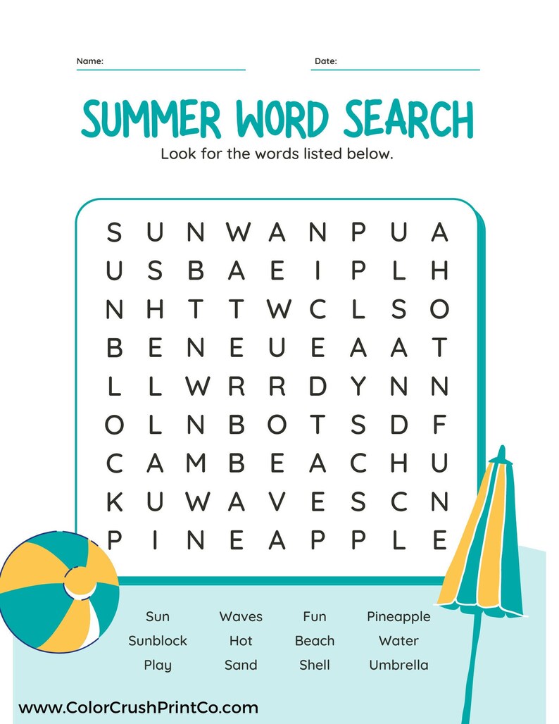 1 Page Summer Work Search Activity Page Download and Print Yourself - Etsy