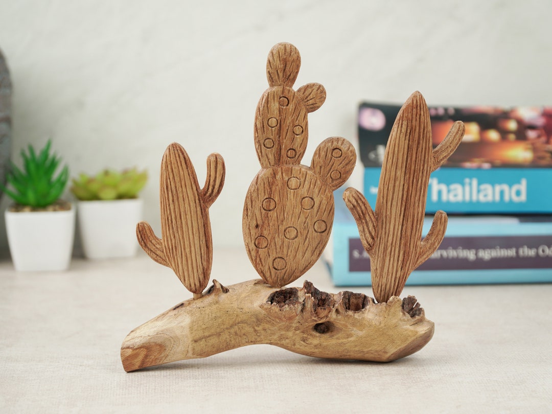 Wooden Cactus Sculpture, 7.5 Statue, Couple, Succulent Plant, Botanical ...
