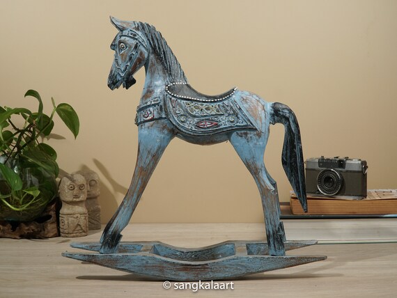 Wooden Rocking Horse Blue Color Horse Figure Wood Sculpture - Etsy