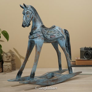 Wooden Rocking Horse Blue Color, Horse Figure, Wood Sculpture, Rocking ...