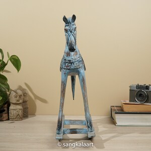 Wooden Rocking Horse Blue Color, Horse Figure, Wood Sculpture, Rocking ...