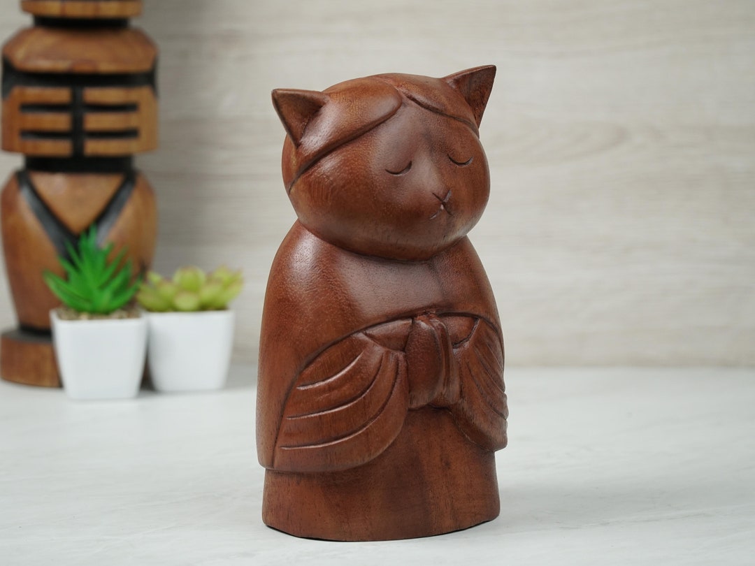 Wooden Cat Jizo Sculpture 7.8 Inch 20 Cm, Jizo Statue, Hand Carved ...