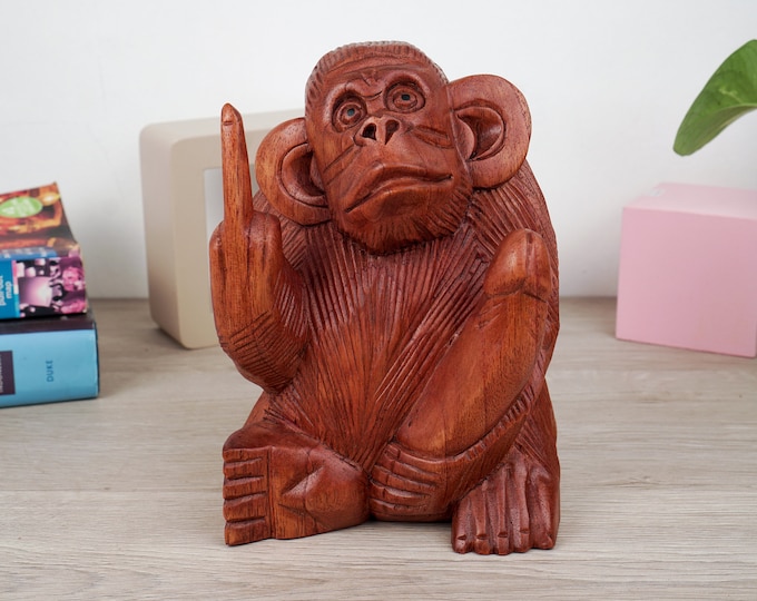 Funny Monkey Sculpture, Middle Finger Monkey, Wood Sculpture, Wood ...