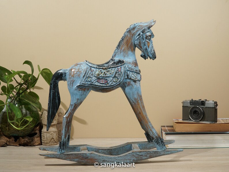 Wooden Rocking Horse Blue Color Horse Figure Wood Sculpture - Etsy