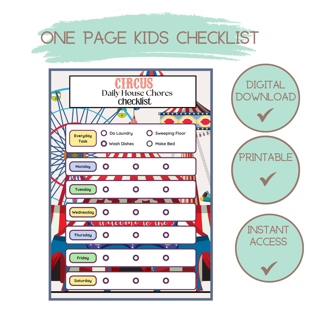 Printable Exciting Circus Kids Chore Checklist Responsibility for ...