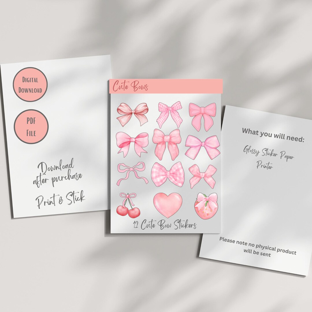 Printable Cute Pink Bow Stickers Digital Download - Etsy