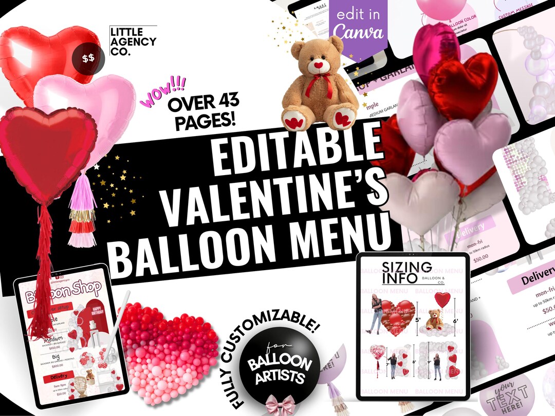 Valentine's Balloon Menu Template: Editable Canva Design (digital ...