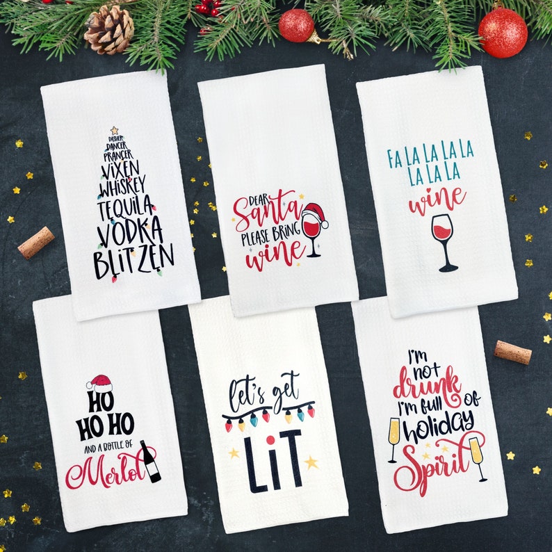 Christmas Kitchen Towel, Christmas Tea Towel, Kitchen Decor, Funny Wine ...