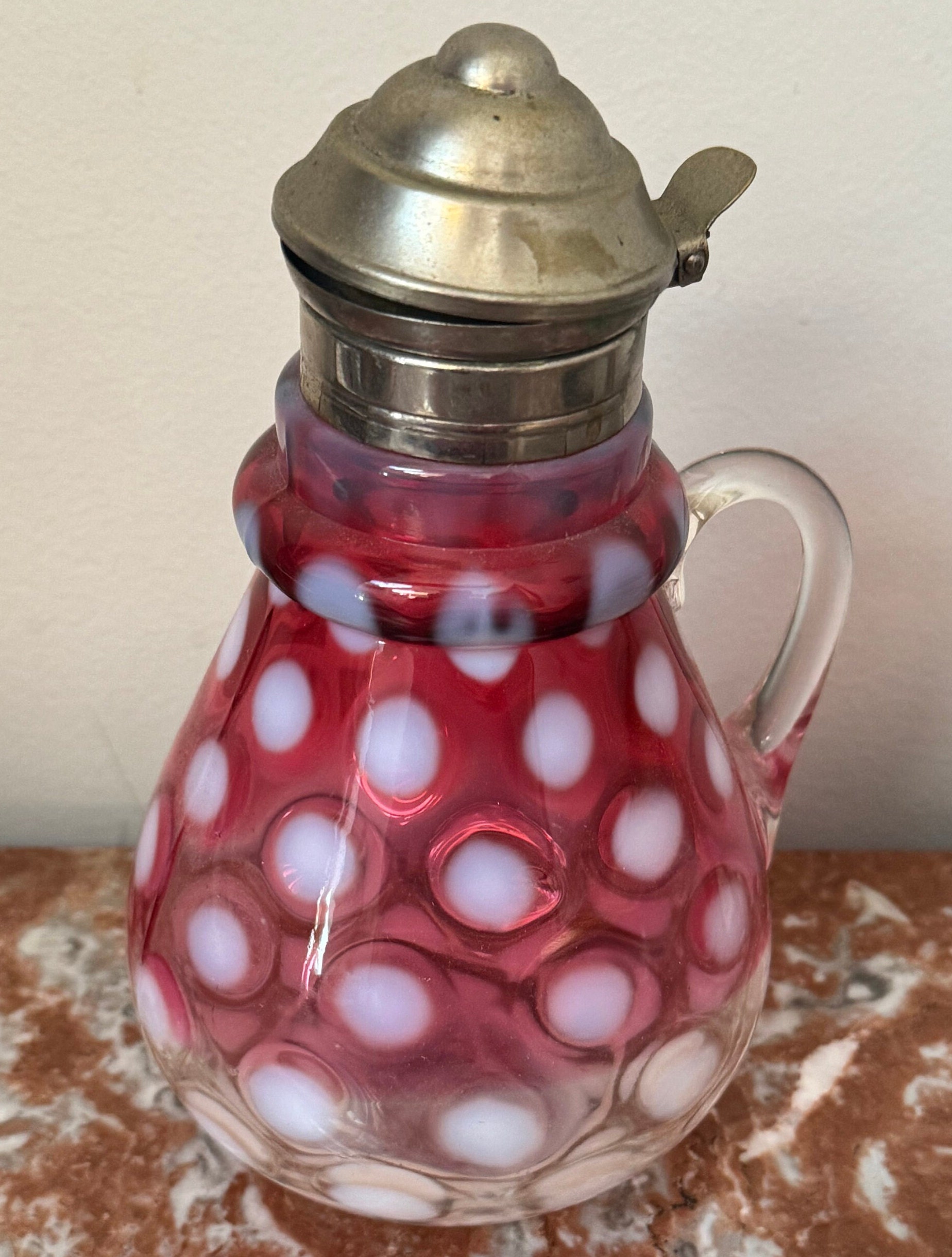Antique Victorian White Opalescent Cranberry Coin Dot Art Glass Syrup ...