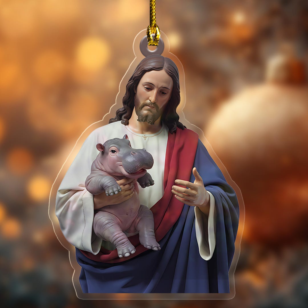 Jesus Holding Moo Deng 2D Flat Ornament, Hippo Rearview Mirror Car ...