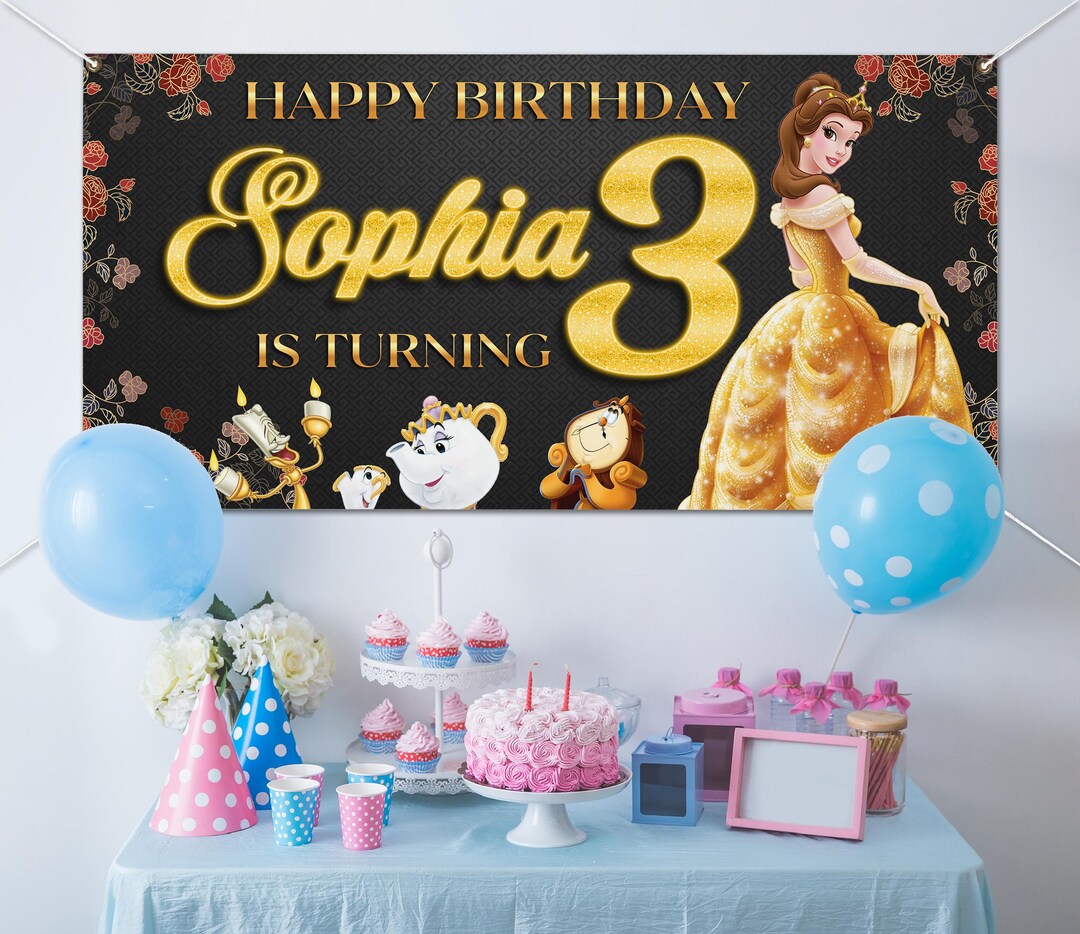 Happy Birthday Banner, Beauty and the Beast Princess Theme Party, Belle ...
