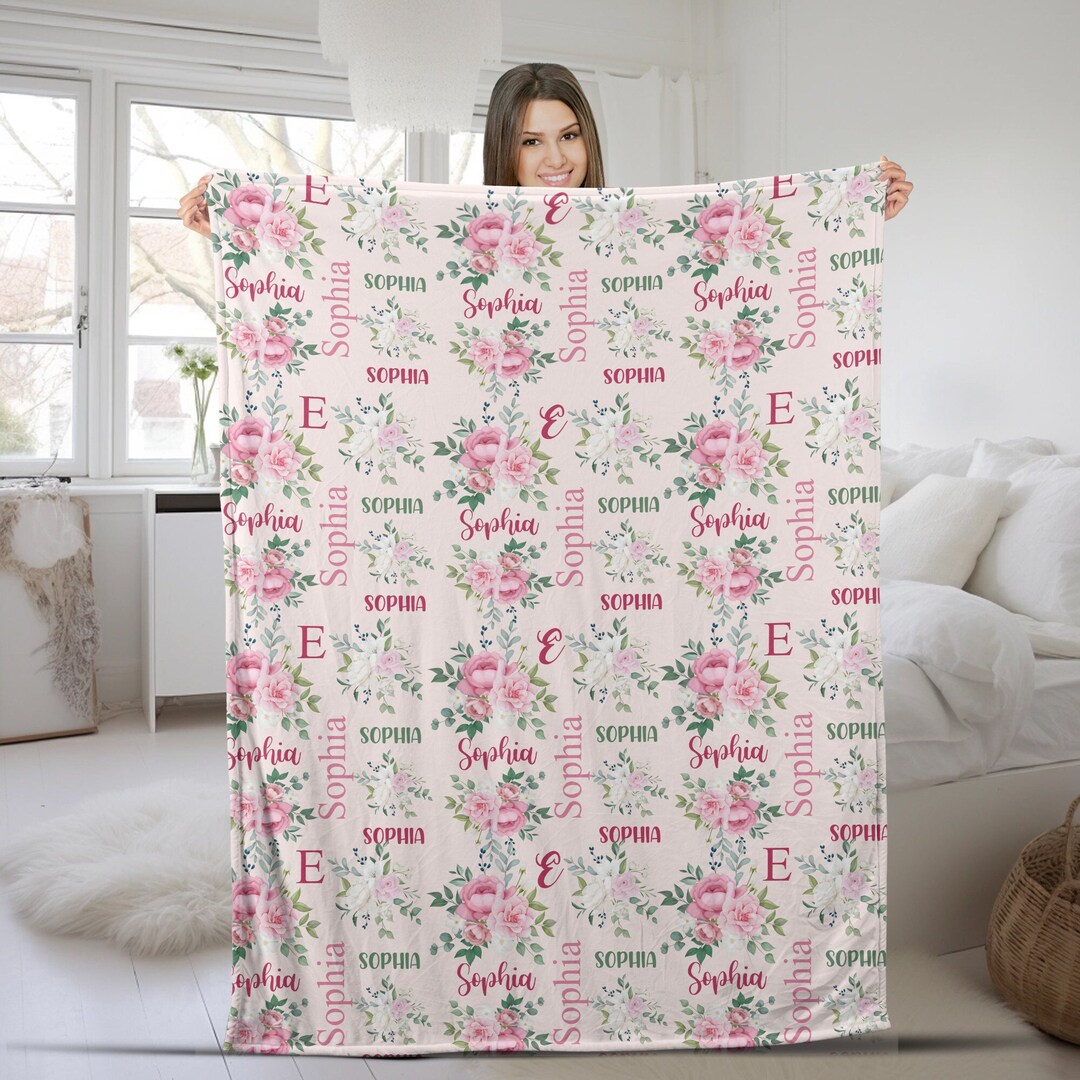 Pink Floral Baby Name Blanket, Baby Girl Personalized Blanket, Pink ...